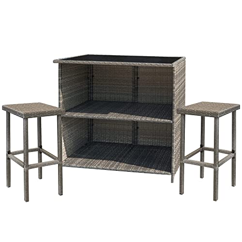 MCombo Patio Bar Set, Wicker Outdoor Table and 2 Stools, 3 Piece Patio Furniture with Storage for Poolside, Backyard, Garden, Porches 6085-1201 (Grey)