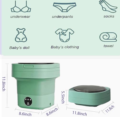 Portable washing machine foldable,Mini washer machine,8Litre large capacity Mini Washer for Underwear,Mini laundry machine suitable for Travel, RV, Camping, Home or Apartments Laundry Used (green)