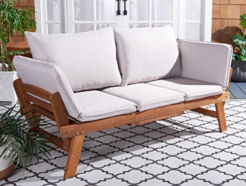 Safavieh PAT7300E Collection Emely Acacia Wood Expandable Loveseat Outdoor Daybed, Natural/Light Grey