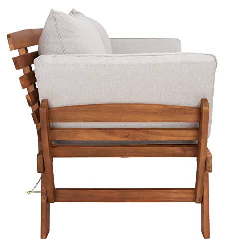 Safavieh PAT7300E Collection Emely Acacia Wood Expandable Loveseat Outdoor Daybed, Natural/Light Grey