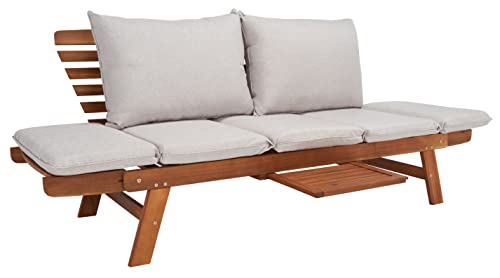 Safavieh PAT7300E Collection Emely Acacia Wood Expandable Loveseat Outdoor Daybed, Natural/Light Grey