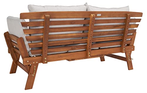 Safavieh PAT7300E Collection Emely Acacia Wood Expandable Loveseat Outdoor Daybed, Natural/Light Grey