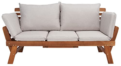 Safavieh PAT7300E Collection Emely Acacia Wood Expandable Loveseat Outdoor Daybed, Natural/Light Grey