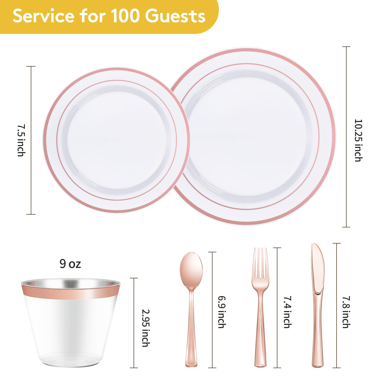 Goodluck 600 Pieces Rose Gold Disposable Plates for 100 Guests, Plastic Plates for Party, Wedding, Dinnerware Set of 100 Dinner Plates, 100 Salad Plates, 100 Spoons, 100 Forks, 100 Knives, 100 Cups