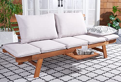 Safavieh PAT7300E Collection Emely Acacia Wood Expandable Loveseat Outdoor Daybed, Natural/Light Grey