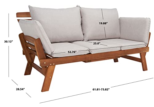 Safavieh PAT7300E Collection Emely Acacia Wood Expandable Loveseat Outdoor Daybed, Natural/Light Grey