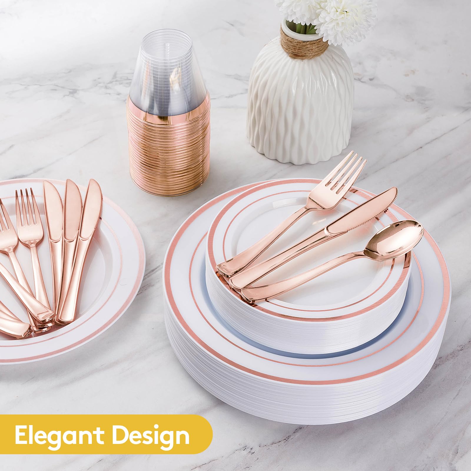 Goodluck 600 Pieces Rose Gold Disposable Plates for 100 Guests, Plastic Plates for Party, Wedding, Dinnerware Set of 100 Dinner Plates, 100 Salad Plates, 100 Spoons, 100 Forks, 100 Knives, 100 Cups