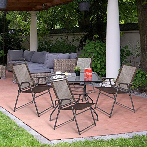 ARLIME 4-Pack Folding Steel Chairs, Patio Dining Chairs with Armrest and Footrest, Portable Outdoor and Indoor Sling Chairs, Camping Deck Garden Pool Backyard Chairs
