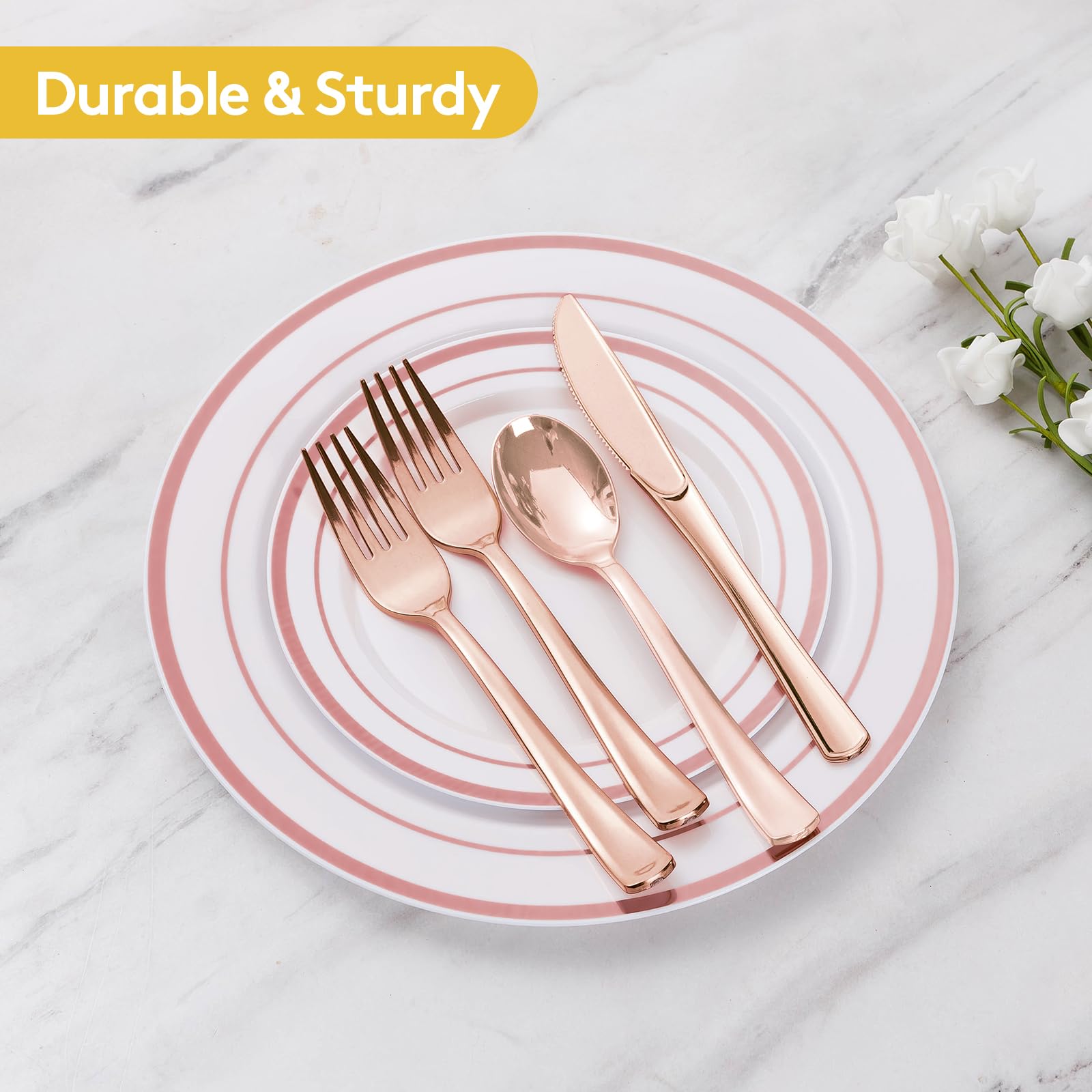 Goodluck 600 Pieces Rose Gold Disposable Plates for 100 Guests, Plastic Plates for Party, Wedding, Dinnerware Set of 100 Dinner Plates, 100 Salad Plates, 100 Spoons, 100 Forks, 100 Knives, 100 Cups
