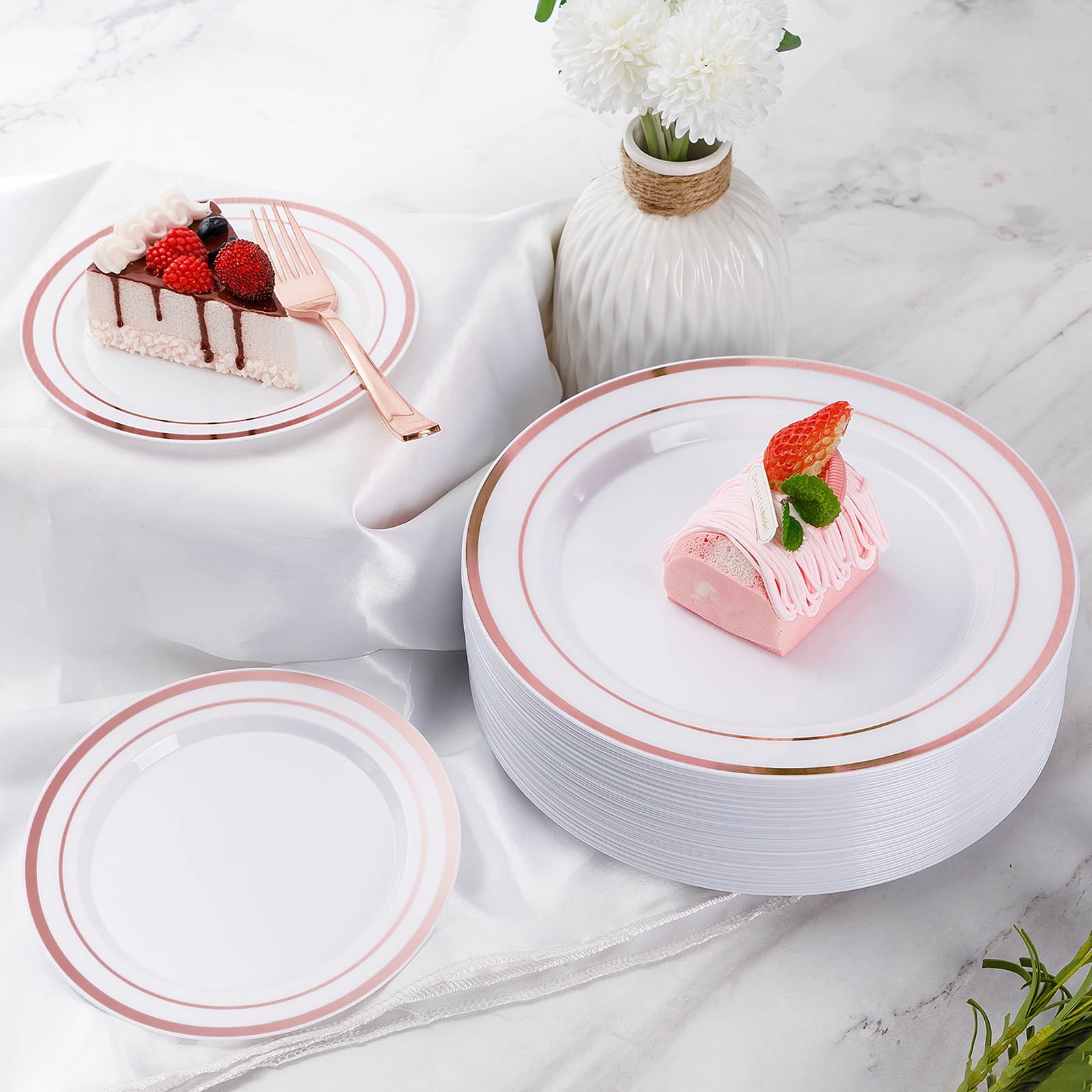 Goodluck 600 Pieces Rose Gold Disposable Plates for 100 Guests, Plastic Plates for Party, Wedding, Dinnerware Set of 100 Dinner Plates, 100 Salad Plates, 100 Spoons, 100 Forks, 100 Knives, 100 Cups