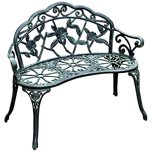 Outsunny Garden Bench Loveseat with Floral Rose Style, Cast Aluminum Frame for Outdoor, Patio, Park, Deck, Antique Green