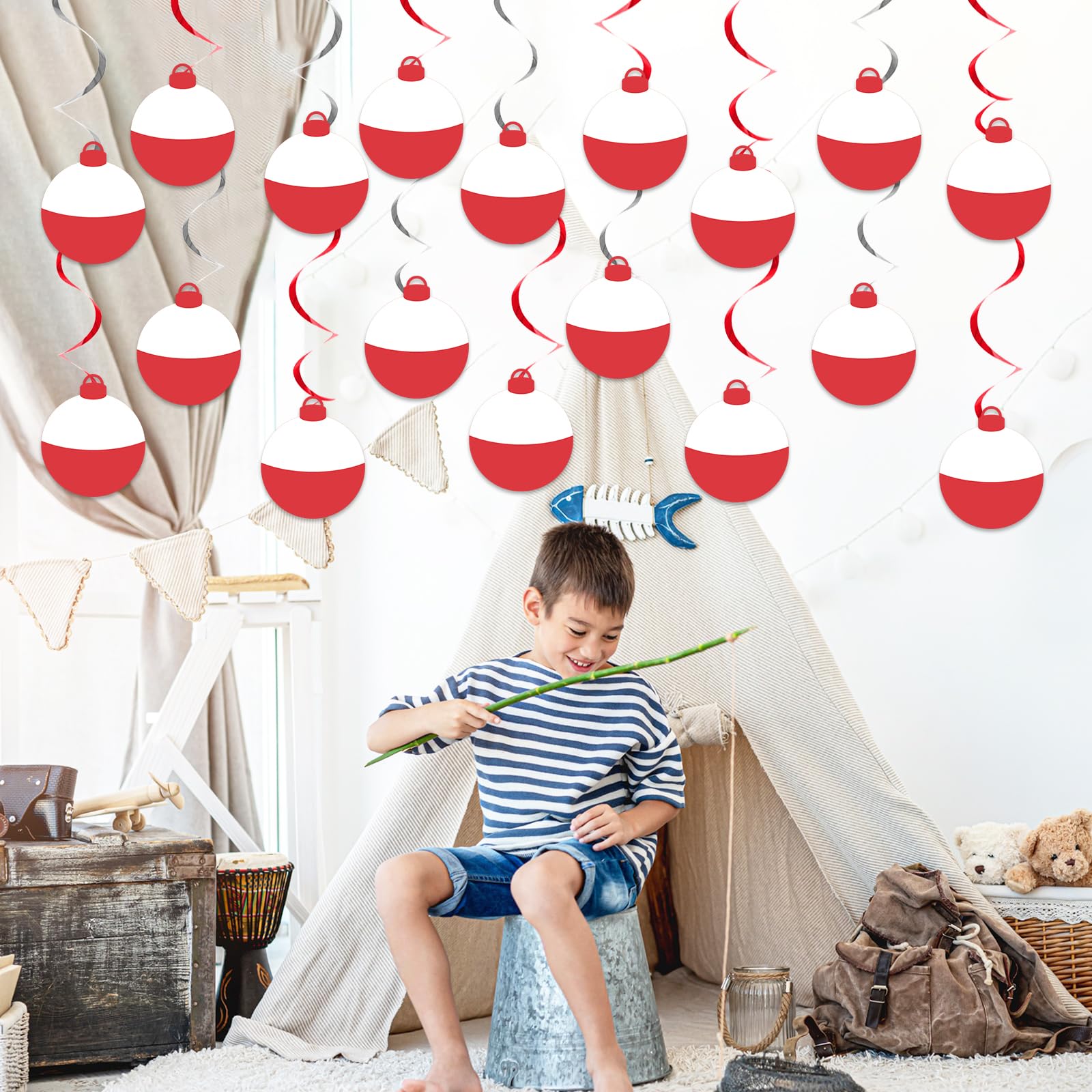 60PCS Gone Fishing Party Hanging Swirls Fishing Birthday Decoration Fishing Bobber Party Streamers Fishing Themed Ceiling Streamers for Fisherman Ideas Photo Props Baby Shower Birthday Party Supplies