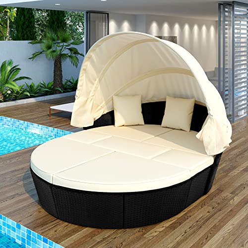 Merax Outdoor Patio Rattan Round Daybed Sunbed with Retractable Canopy, Sectional Sofa Set for Backyard and Porch Black Furniture Clamshell Seating Containing Washable Cushions, Beige_Oval