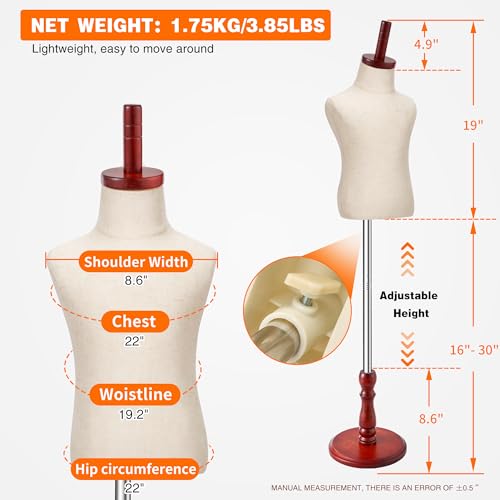 Child Mannequin, Kid Dress Form Mannequin Torso Adjustable Height Unisex Toddler Mannequin Body with Solid Wooden Base, for Clothing Dress Jewelry Display, (Brick red, 2-3 Years Old)