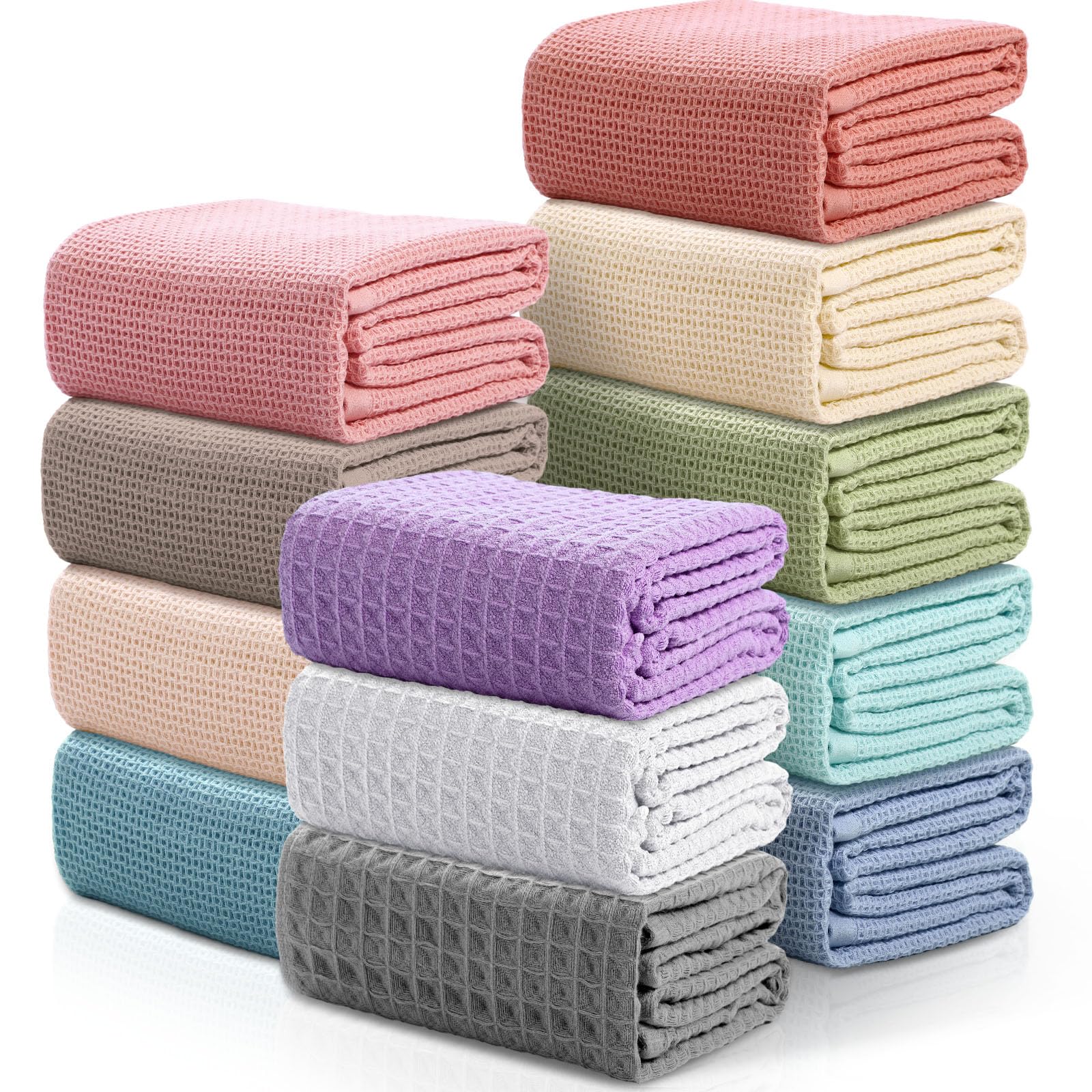 Buryeah 12 Pcs Waffle Bath Towels Waffle Knit Weave Cotton 28 x 55 Inch Colorful Bath Towels Bulks Large Oversized Bathroom Shower Towels Absorbent Towels for Bathroom Pool Beach Spa, 12 Colors