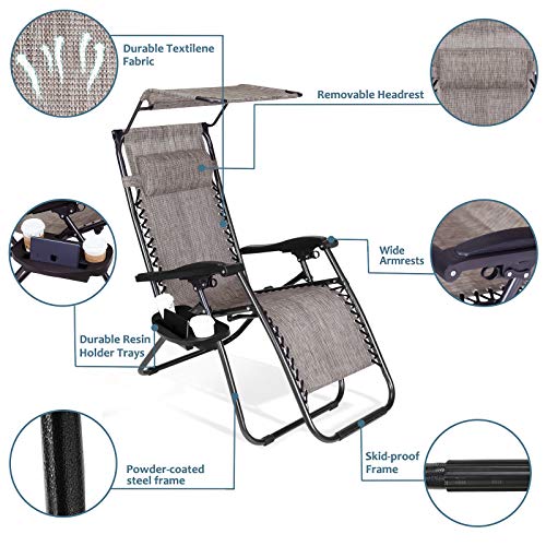 2 Pack Zero Gravity Chair, Folding Lounge Reclining W/Shade Canopy Deck Chaise with Adjustable Headrest Pillows, Cup Holder Tray and Carry Rope for Lawn Poolside Backyard Patio, Beach Camping (Gray)