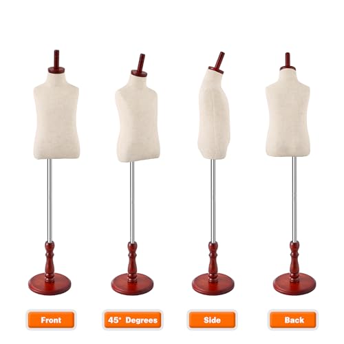 Child Mannequin, Kid Dress Form Mannequin Torso Adjustable Height Unisex Toddler Mannequin Body with Solid Wooden Base, for Clothing Dress Jewelry Display, (Brick red, 2-3 Years Old)