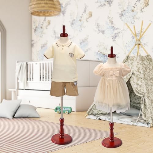 Child Mannequin, Kid Dress Form Mannequin Torso Adjustable Height Unisex Toddler Mannequin Body with Solid Wooden Base, for Clothing Dress Jewelry Display, (Brick red, 2-3 Years Old)