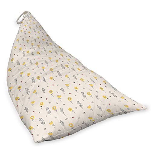 Lunarable Floral Lounger Chair Bag, Contour Flowers Leaves and Tiny Ladybugs Pattern Spring Flora Theme, High Capacity Storage with Handle Container, Lounger Size, Champagne Yellow