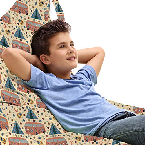 Ambesonne Retro Lounger Chair Bag, Hippie Van Guitar and Tent Motifs Along Flowers Pattern Freedom Theme, High Capacity Storage with Handle Container, Lounger Size, Dark Salmon and Slate Blue
