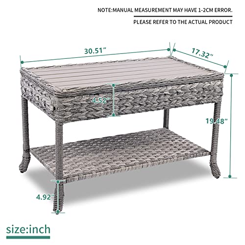 Koruiten Wicker Outdoor Coffee Table with Storage Shelf, All Weather Resin Rattan Patio Coffee Table with Wood Top for Outside Porch Backyard