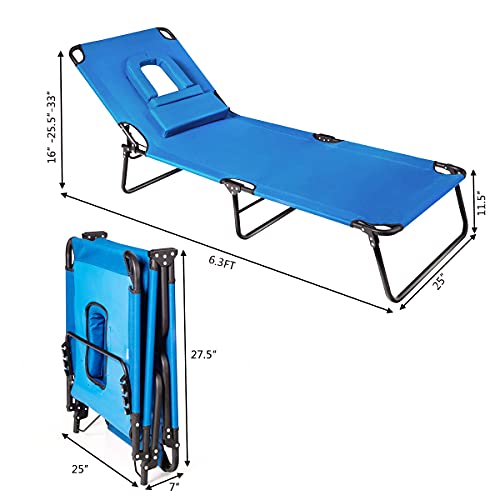 Giantex Beach Lounge Chair Chaise Lounge Chairs for Outside with Hole for Face,3 Adjustable Positions,Reclining Folding Lightweight Patio Lawn Chairs for Sunbathing Tanning Chair(1,Navy)