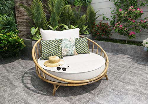 ZEW Bamboo Round Daybed Outdoor Indoor Large Accent Sofa Chair Lawn Pool Garden Seating with Cushion and Pillows Sofabed, Natural
