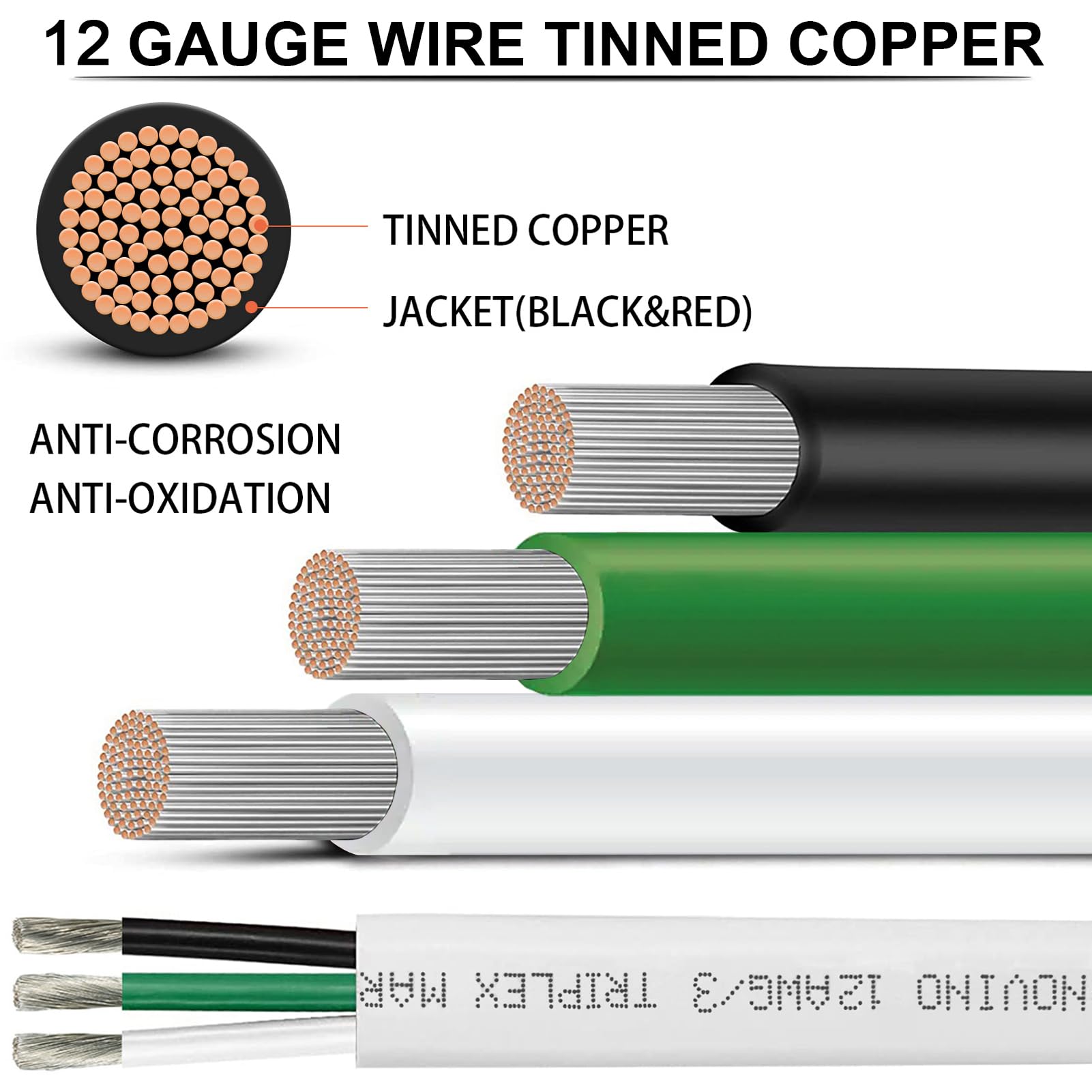 12 Gauge Marine Wire 12/3 12AWG Marine Grade Wire Triplex Tinned Copper Boat Cable,12 Gauge OFC Oxygen Free Copper Cable for Automotive RV Boat Speaker Solar Outdoor - 50ft