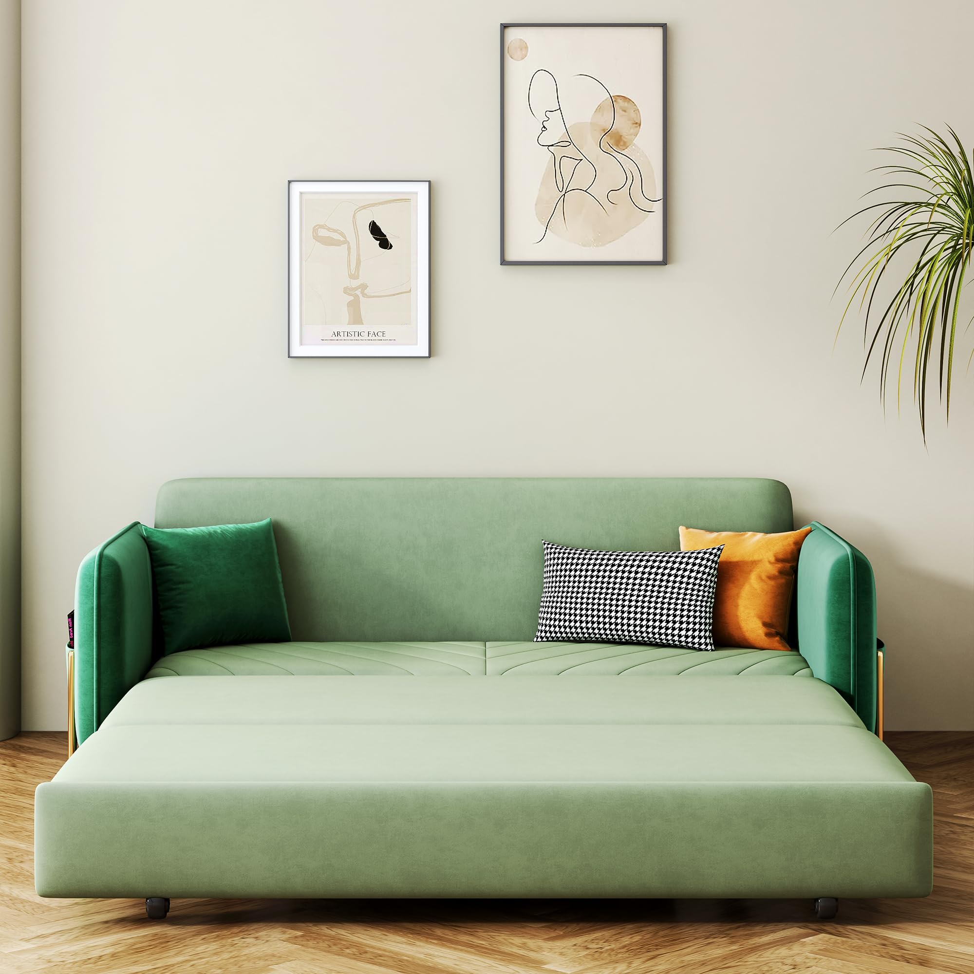 comfor u 79" King Sleeper Sofa Green Upholstered Convertible Sofa Bed 3 in 1 Sleeper Sofa Couch Bed, Small Tufted Velvet Convertible Loveseat Futon Sofa w/Pullout Bed, Multi-Pockets for Living Room