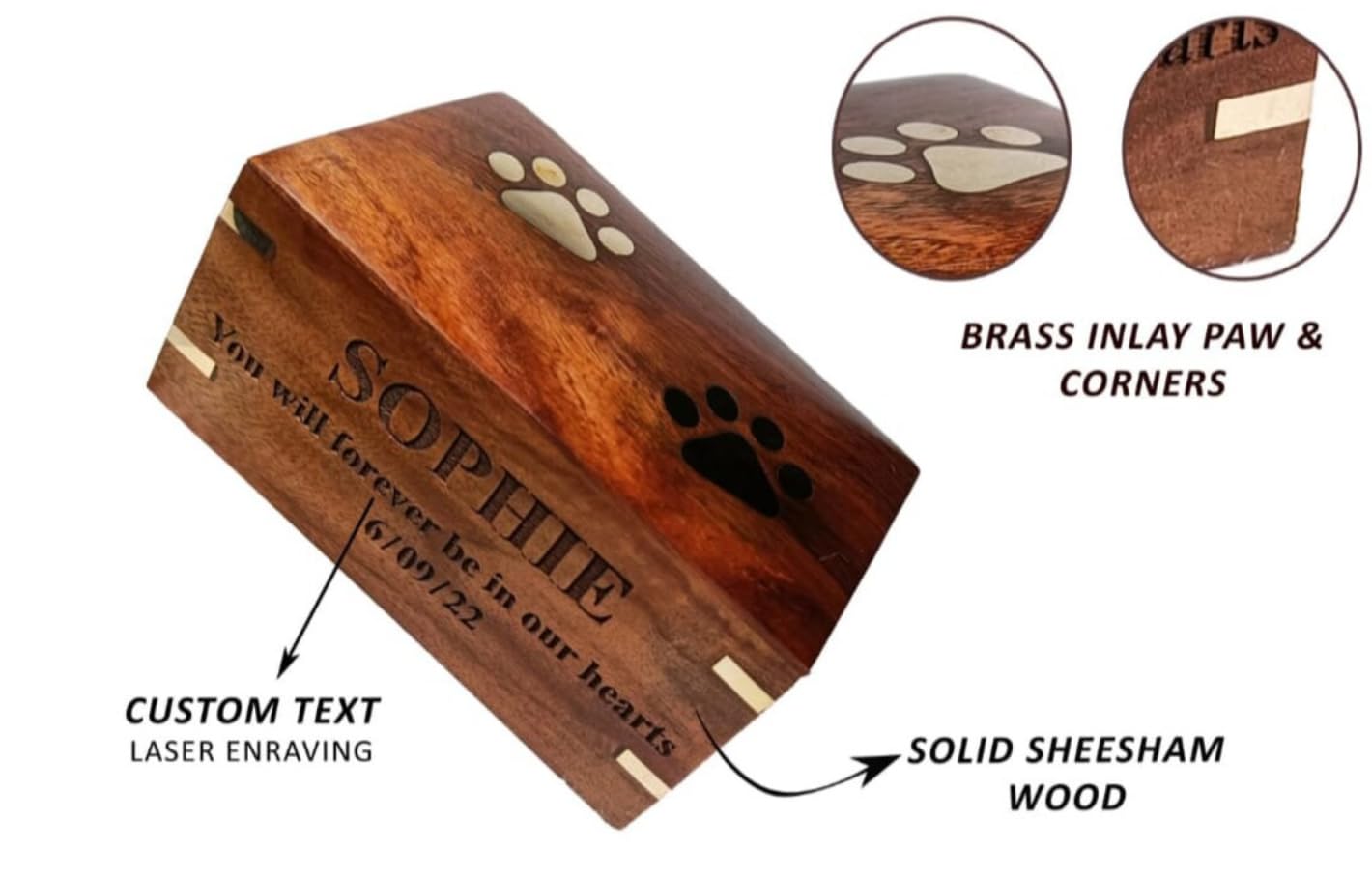 PERSONALIZED Engraved URN BOX | Handcrafted Rosewood Pet Urn for Dog Ashes | Urn Box for Pet Ashes | Brass Paw Urn Box for your loved ones (Urn Box)