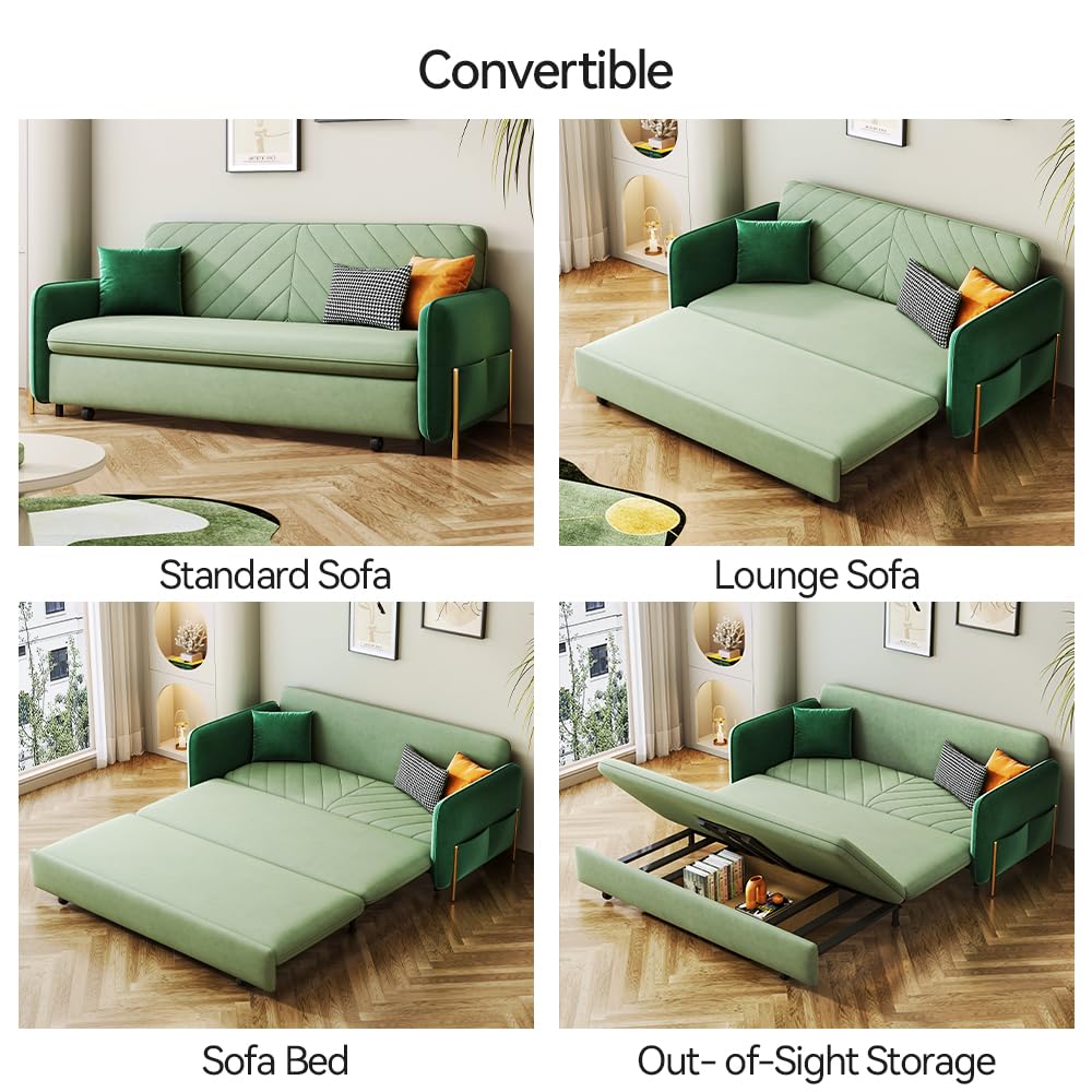 comfor u 79" King Sleeper Sofa Green Upholstered Convertible Sofa Bed 3 in 1 Sleeper Sofa Couch Bed, Small Tufted Velvet Convertible Loveseat Futon Sofa w/Pullout Bed, Multi-Pockets for Living Room