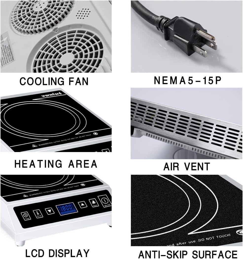 1800W Commercial Induction Cooktop Stainless Steel Burner Countertop Temp Settings from 140°F to 465°F 120V Stove Electric Burner NSF-Certified with LCD Screen and ANTI-SKIP Surpace