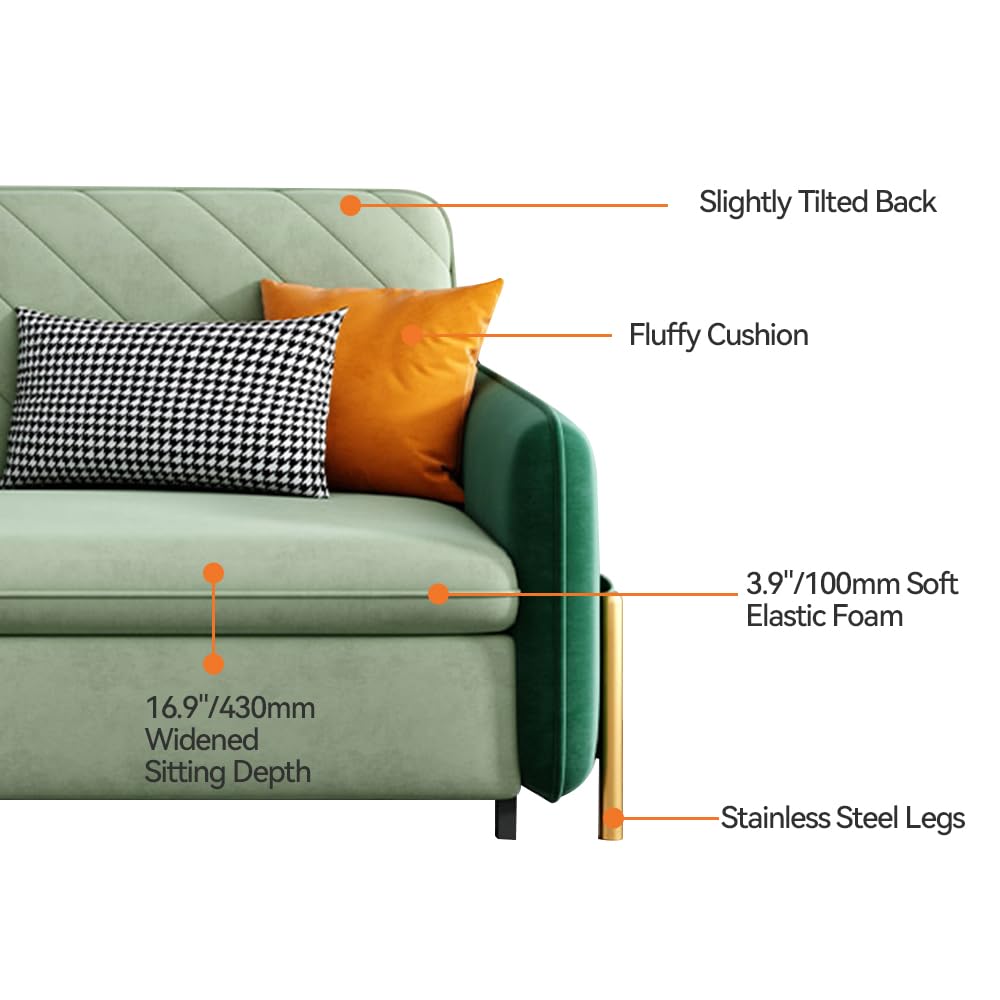 comfor u 79" King Sleeper Sofa Green Upholstered Convertible Sofa Bed 3 in 1 Sleeper Sofa Couch Bed, Small Tufted Velvet Convertible Loveseat Futon Sofa w/Pullout Bed, Multi-Pockets for Living Room