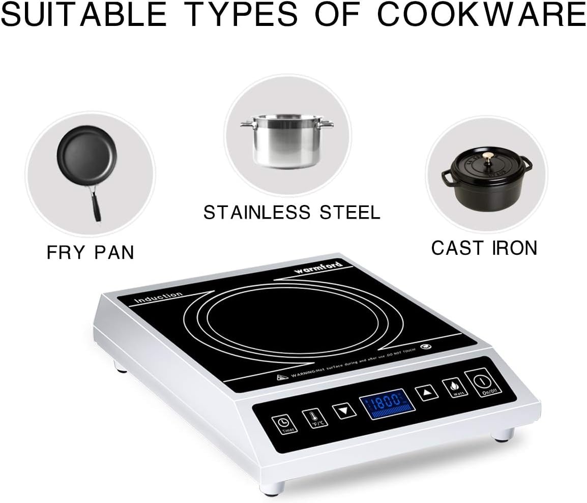 1800W Commercial Induction Cooktop Stainless Steel Burner Countertop Temp Settings from 140°F to 465°F 120V Stove Electric Burner NSF-Certified with LCD Screen and ANTI-SKIP Surpace