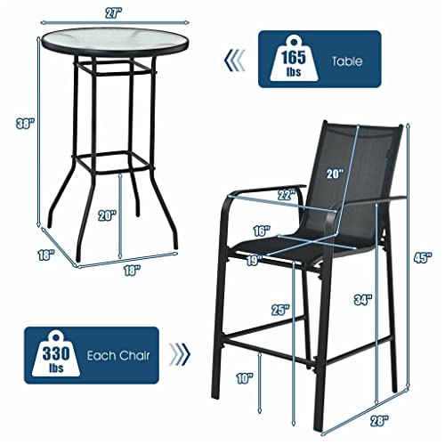 LUKEO 3 PCS Outdoor Patio Bar Table Stool Set Height Tempered Glass Top Suitable for Garden, Patio, Poolside, Backyard and More