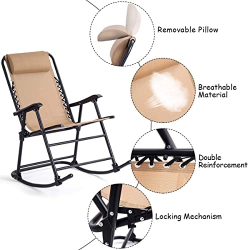 Goplus Folding Rocking Chair, Zero Gravity Rocking Camping Chair with Pillow & Armrests, Folding Lounge Rocker for Outdoor Beach Poolside Yard Garden Indoor