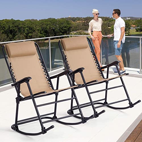 Goplus Folding Rocking Chair, Zero Gravity Rocking Camping Chair with Pillow & Armrests, Folding Lounge Rocker for Outdoor Beach Poolside Yard Garden Indoor