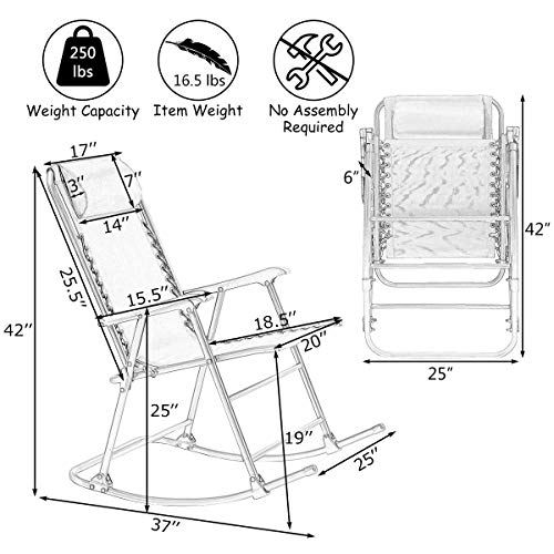 Goplus Folding Rocking Chair, Zero Gravity Rocking Camping Chair with Pillow & Armrests, Folding Lounge Rocker for Outdoor Beach Poolside Yard Garden Indoor