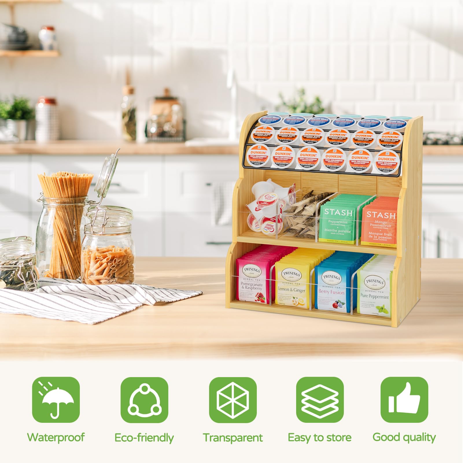 LASZOLA Bamboo Tea Bag and Coffee Holder Organizer for Cabinet Counter Office, 3 Tier Large Capacity Vertical K Cup and Tea Packet Storage Rack, Sturdy Display Stand, Easy Assemble