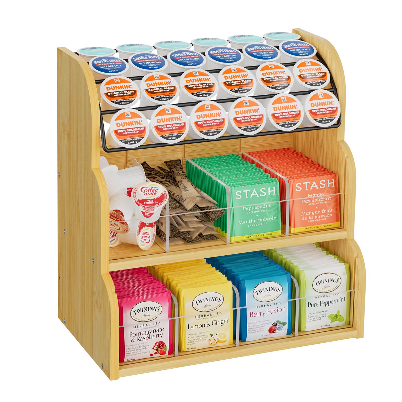 LASZOLA Bamboo Tea Bag and Coffee Holder Organizer for Cabinet Counter Office, 3 Tier Large Capacity Vertical K Cup and Tea Packet Storage Rack, Sturdy Display Stand, Easy Assemble