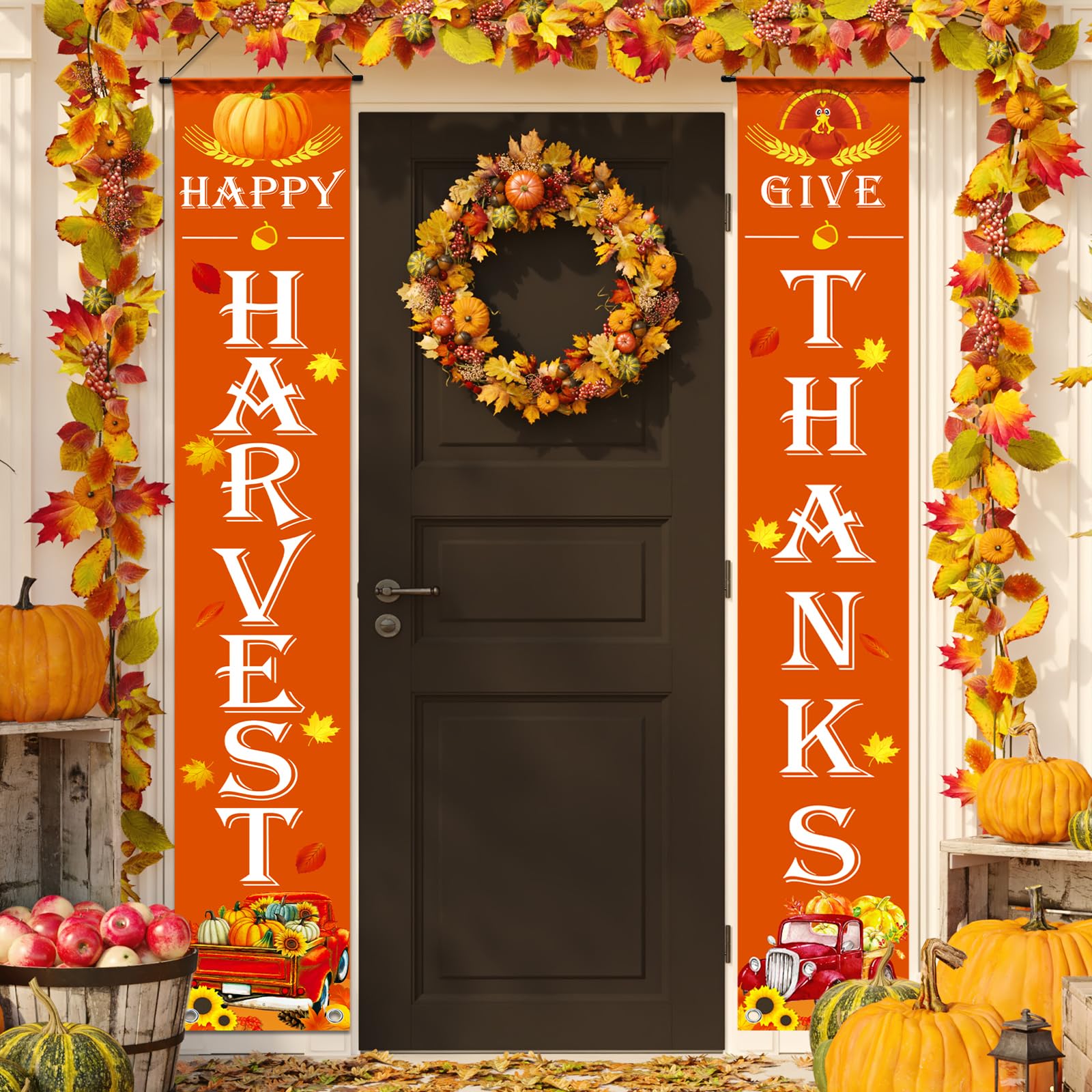Unibday Thanksgiving Door Banner, Thanksgiving Porch Banners, Autumn Harvest Door Banner for Thanks Harvest, Welcome Fall Home Decor Thanksgiving Hanging Banners - Fall Decorations For Home