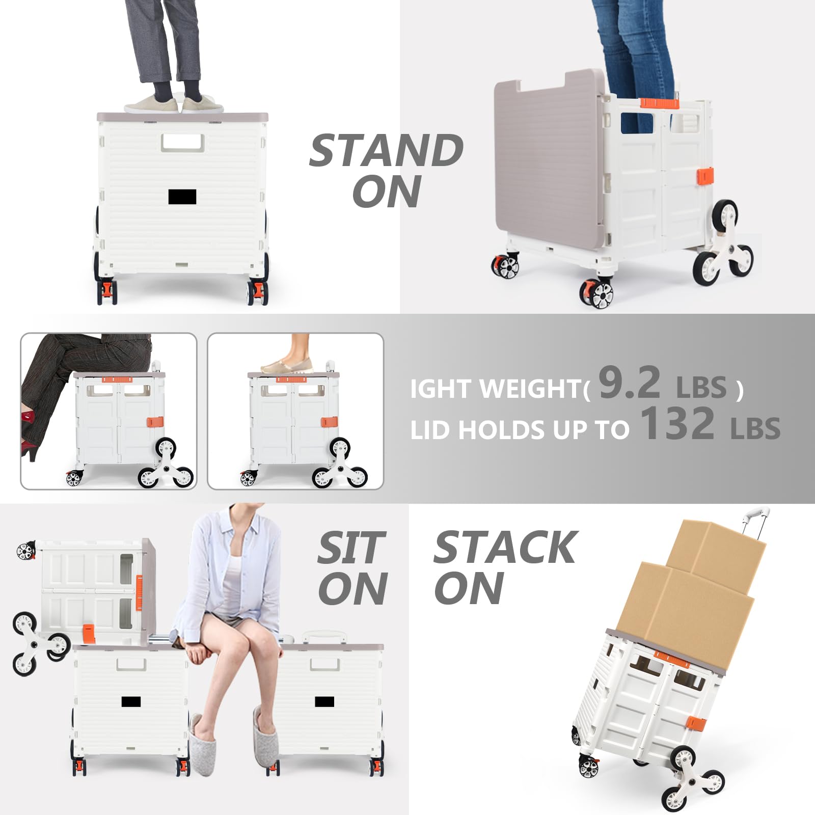 Foldable Utility Cart with Stair Climbing Wheels,Collapsible Rolling Crate with Magnetic Lid Telescopic Cover,Telescoping Handle,360° Rotate Wheel Hand Cart for Teacher Shopping Moving(Milky White)