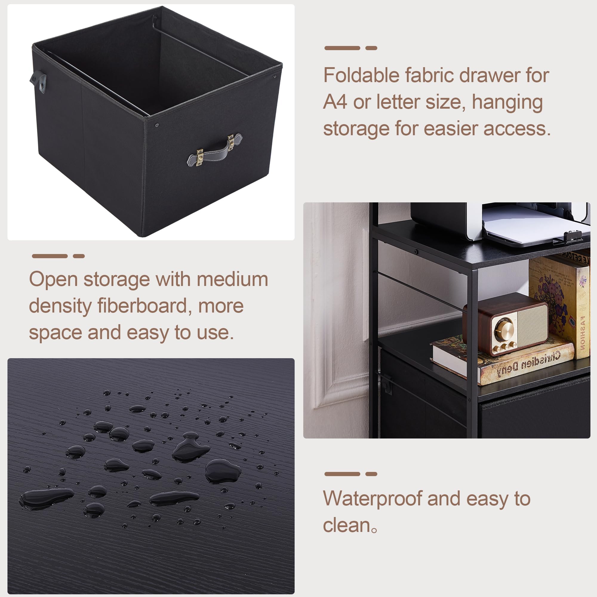 VECELO Fabric Lateral Filing Cabinet with 3 Open Storge Shelves Movable Printer Stand with 2 Large, Home Office, Suitable for A4 Or Letter Size,Black, 2 Drawer