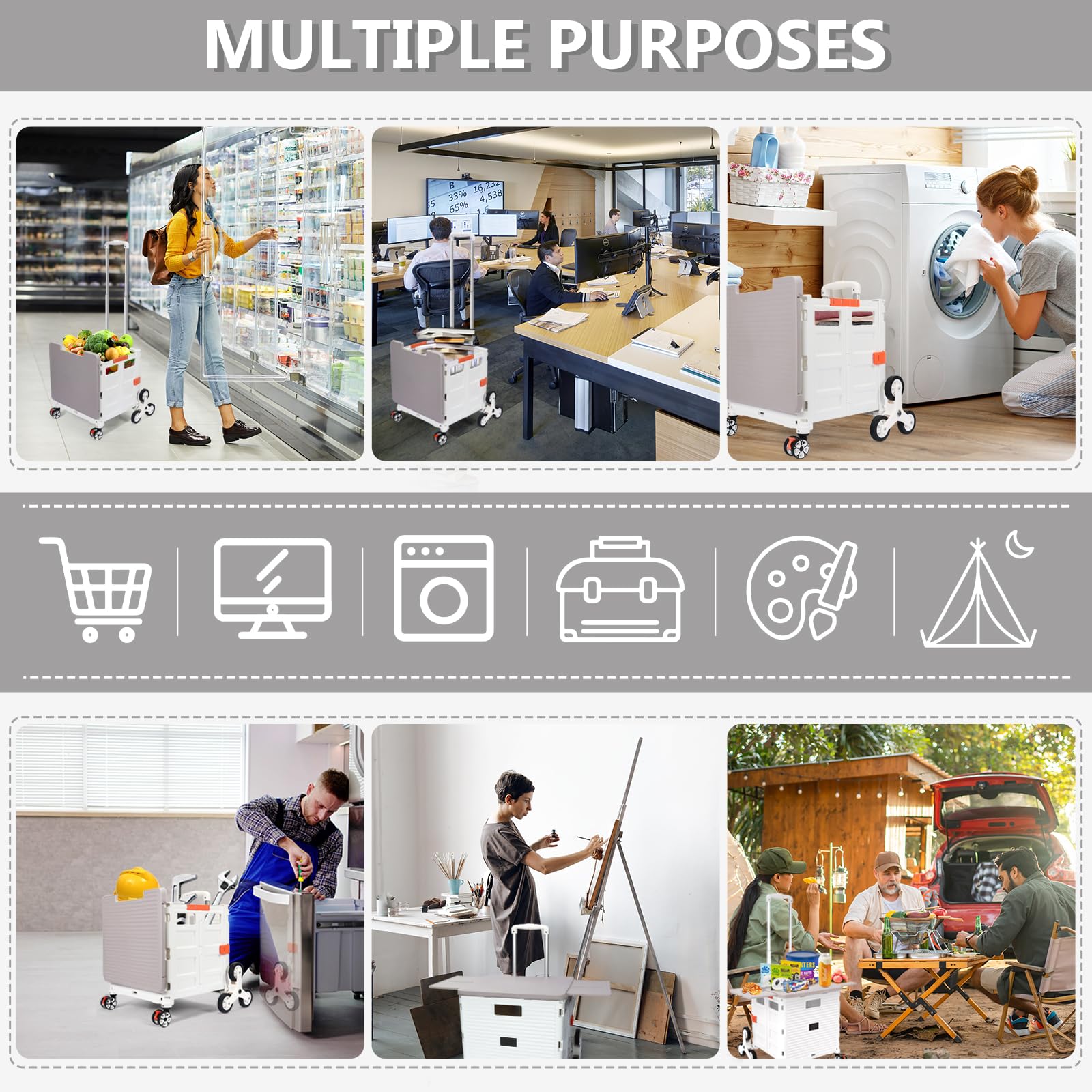 Foldable Utility Cart with Stair Climbing Wheels,Collapsible Rolling Crate with Magnetic Lid Telescopic Cover,Telescoping Handle,360° Rotate Wheel Hand Cart for Teacher Shopping Moving(Milky White)
