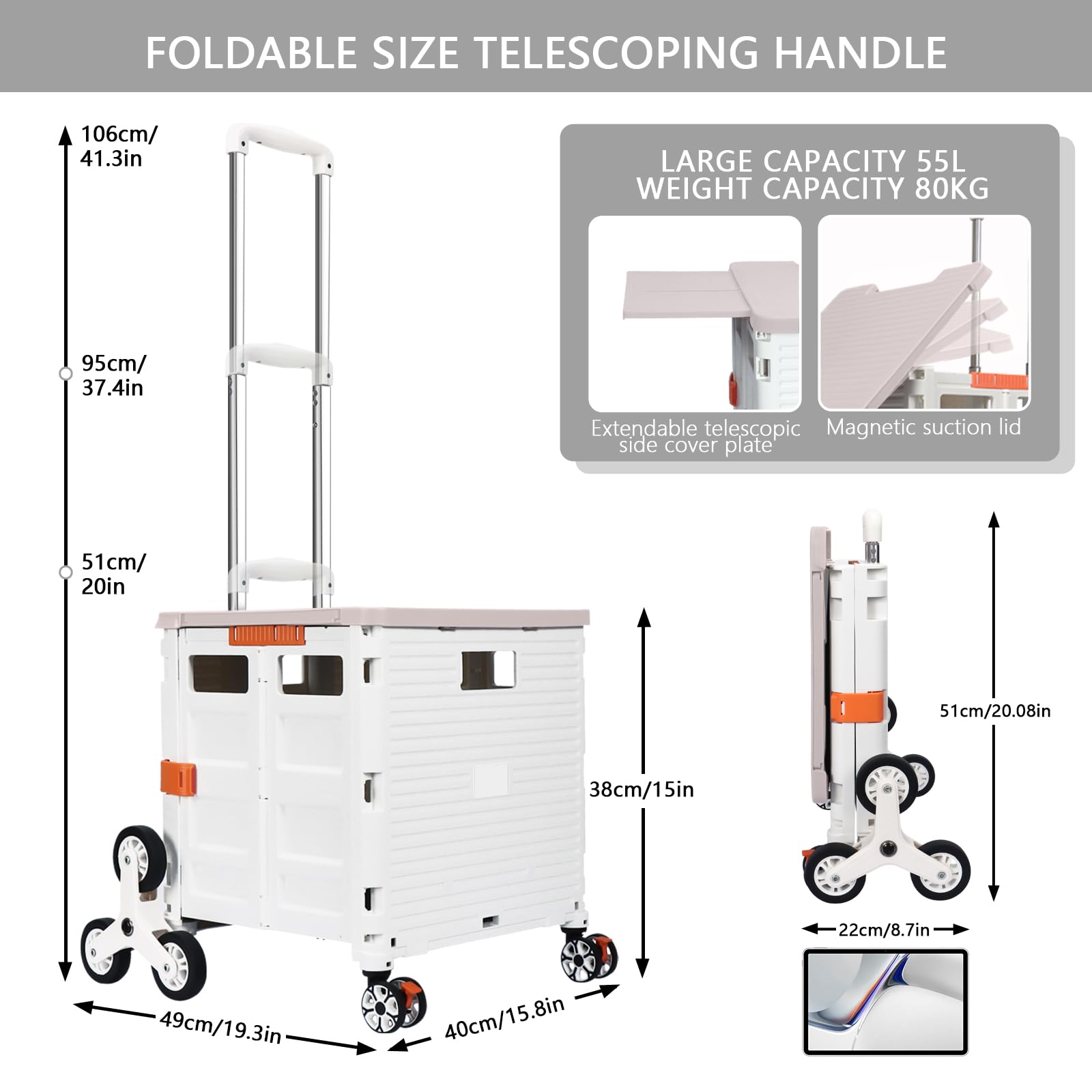 Foldable Utility Cart with Stair Climbing Wheels,Collapsible Rolling Crate with Magnetic Lid Telescopic Cover,Telescoping Handle,360° Rotate Wheel Hand Cart for Teacher Shopping Moving(Milky White)