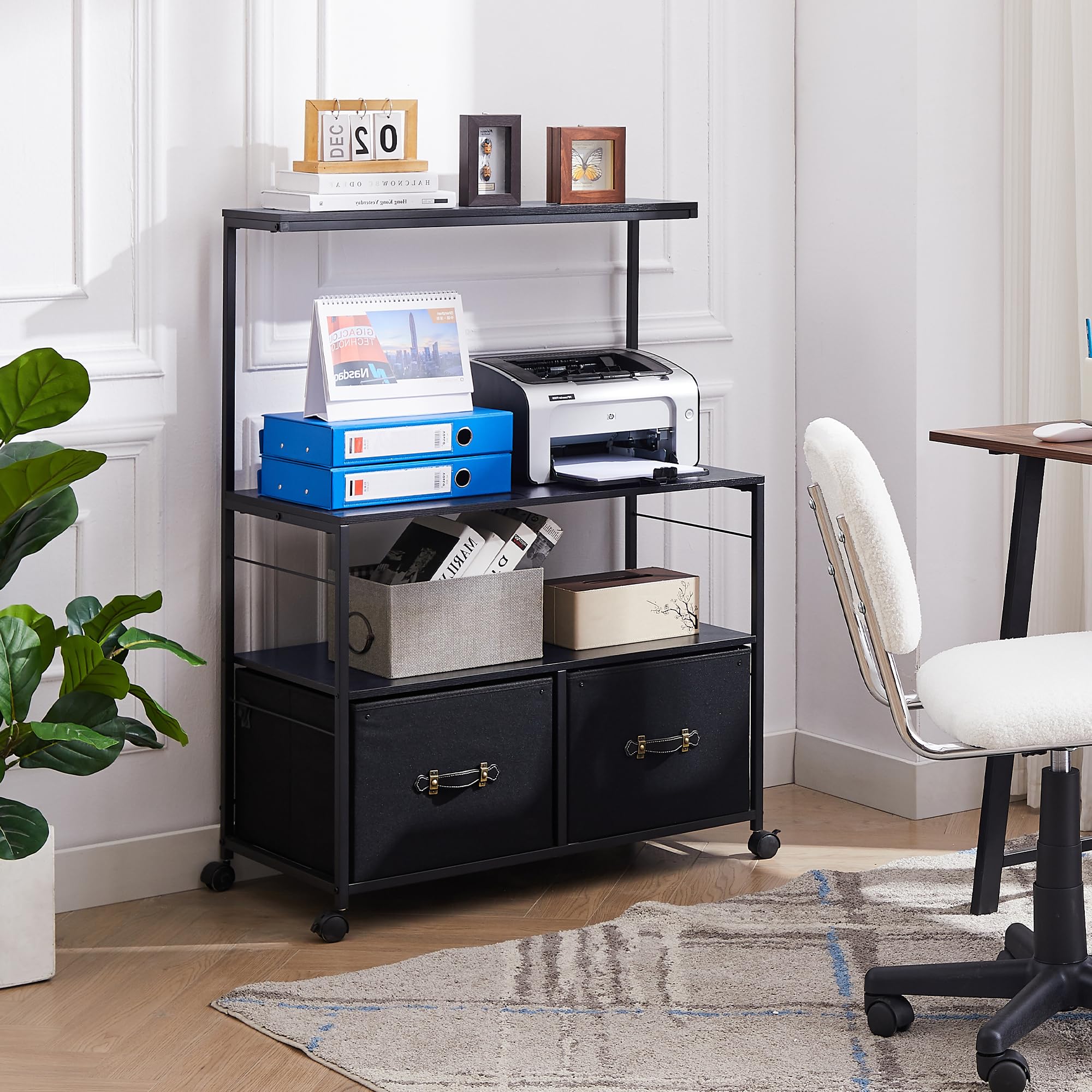 VECELO Fabric Lateral Filing Cabinet with 3 Open Storge Shelves Movable Printer Stand with 2 Large, Home Office, Suitable for A4 Or Letter Size,Black, 2 Drawer