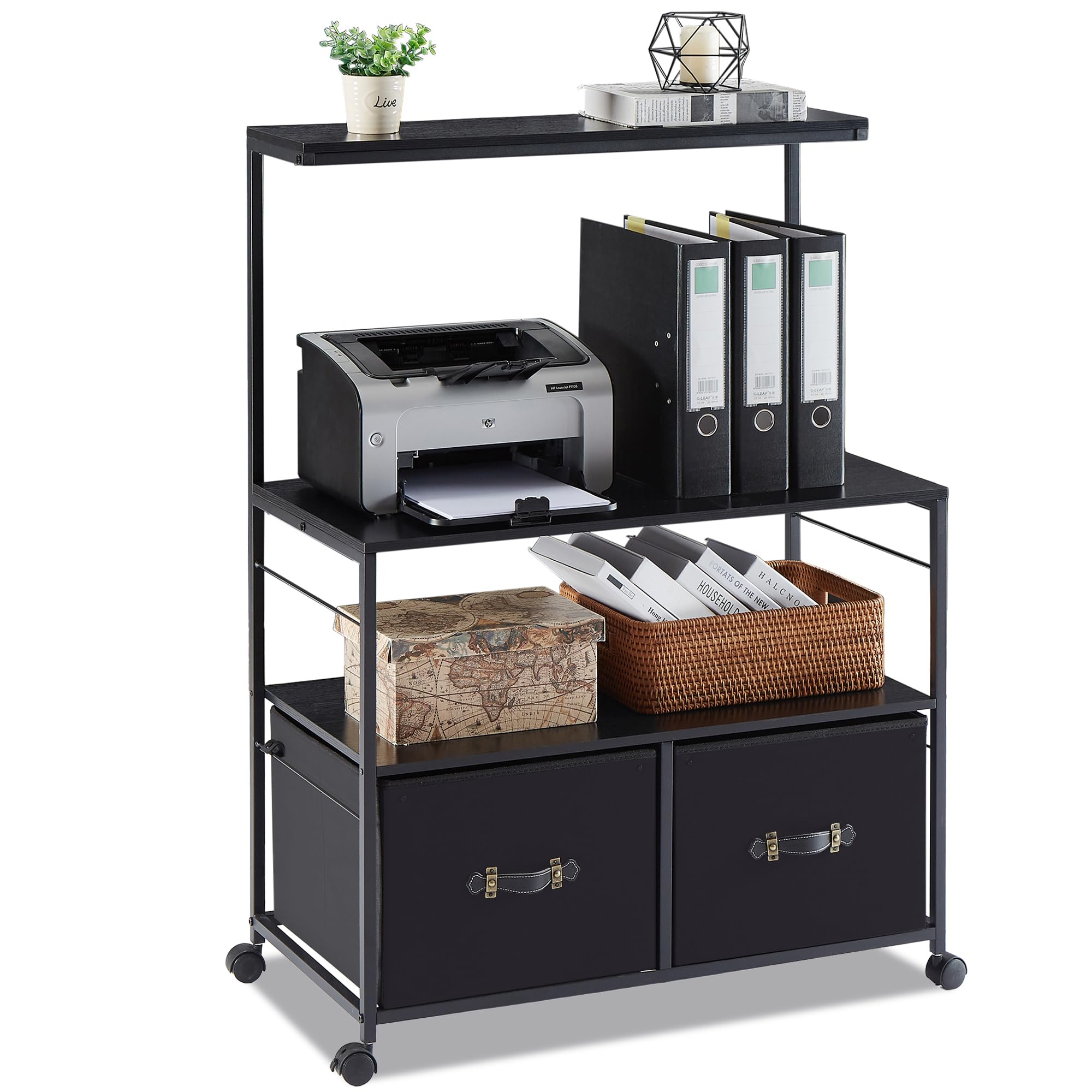 VECELO Fabric Lateral Filing Cabinet with 3 Open Storge Shelves Movable Printer Stand with 2 Large, Home Office, Suitable for A4 Or Letter Size,Black, 2 Drawer