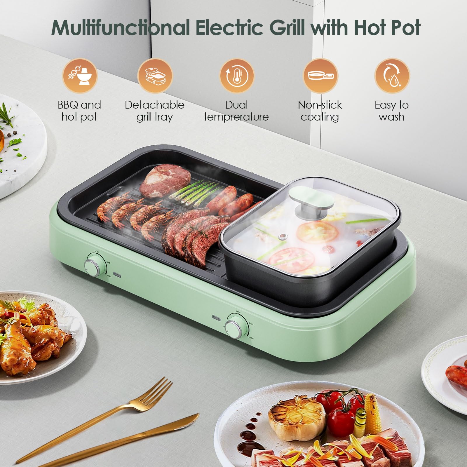 Electric Hot Pot with Grill, 2 In 1 Indoor Non-Stick Barbecue Shabu Hot Pot with Dual Temperature Control, Detachable Hot Pot and Baking Tray, Multi-function Smokeless Shabu Korean BBQ Grill