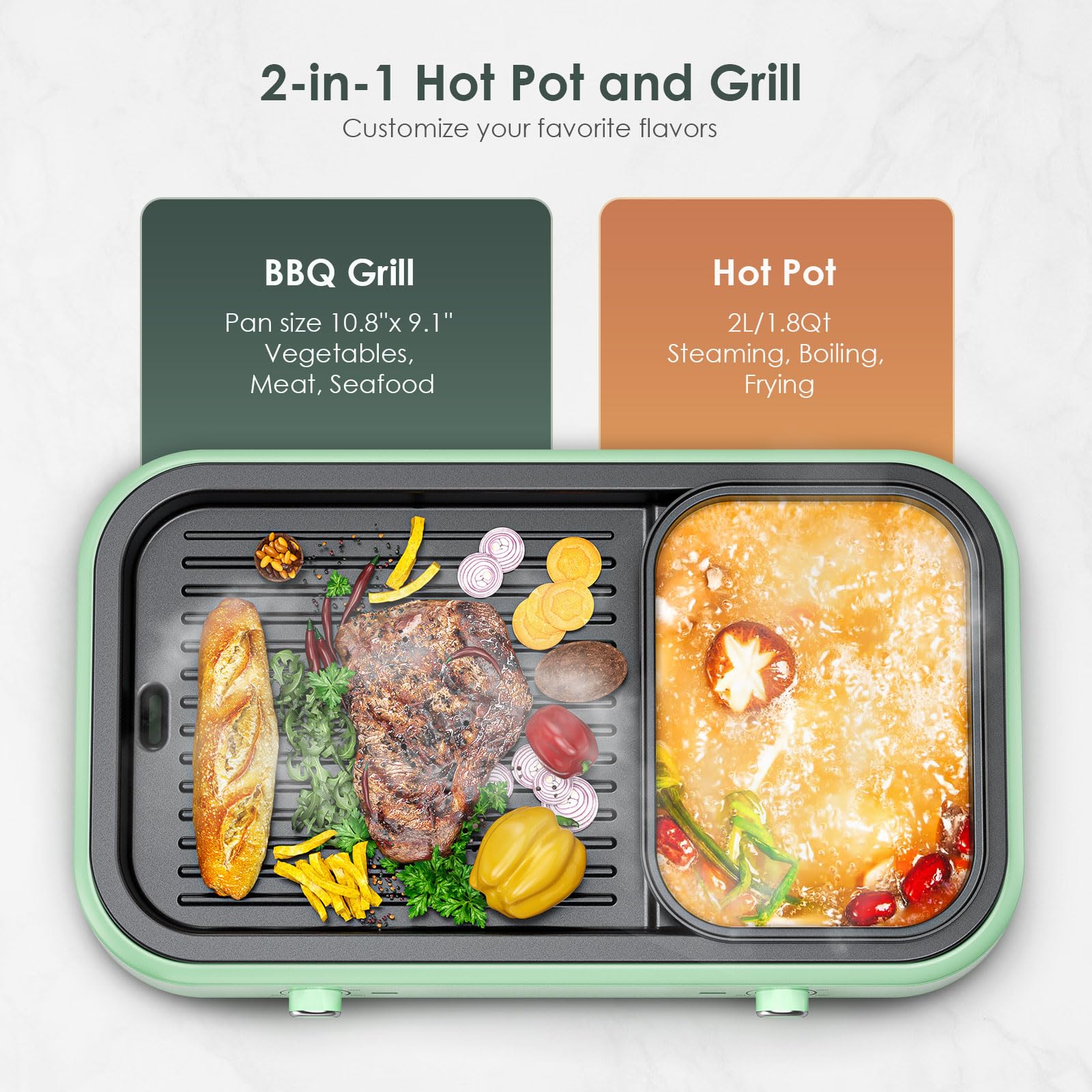 Electric Hot Pot with Grill, 2 In 1 Indoor Non-Stick Barbecue Shabu Hot Pot with Dual Temperature Control, Detachable Hot Pot and Baking Tray, Multi-function Smokeless Shabu Korean BBQ Grill