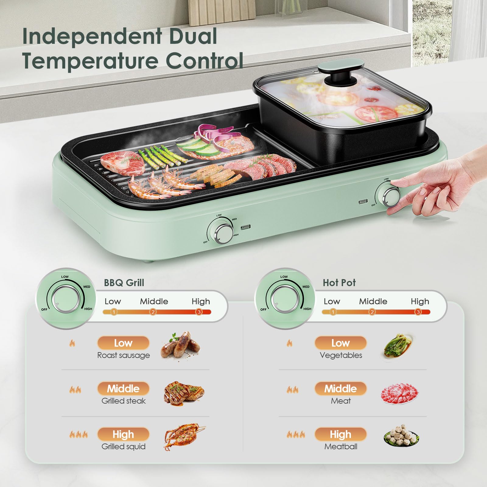 Electric Hot Pot with Grill, 2 In 1 Indoor Non-Stick Barbecue Shabu Hot Pot with Dual Temperature Control, Detachable Hot Pot and Baking Tray, Multi-function Smokeless Shabu Korean BBQ Grill
